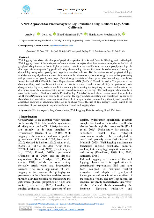 (PDF) A New Approach for Electromagnetic Log Prediction Using Electrical Logs, South California