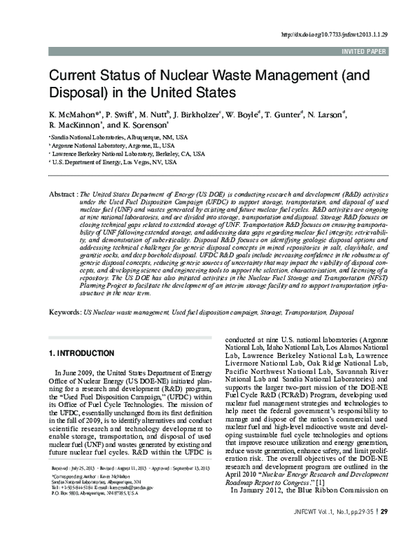 (PDF) Current Status of Nuclear Waste Management (and Disposal) in the ...