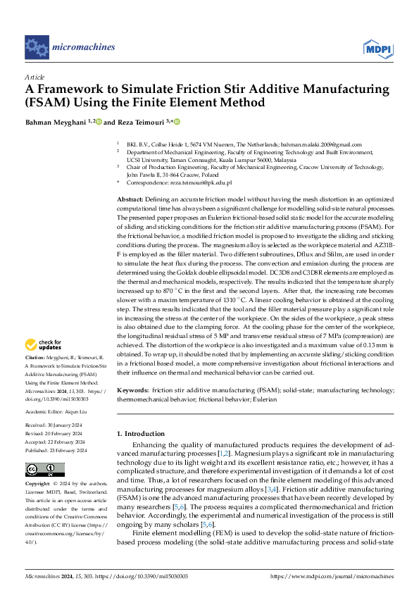 Pdf A Framework To Simulate Friction Stir Additive Manufacturing