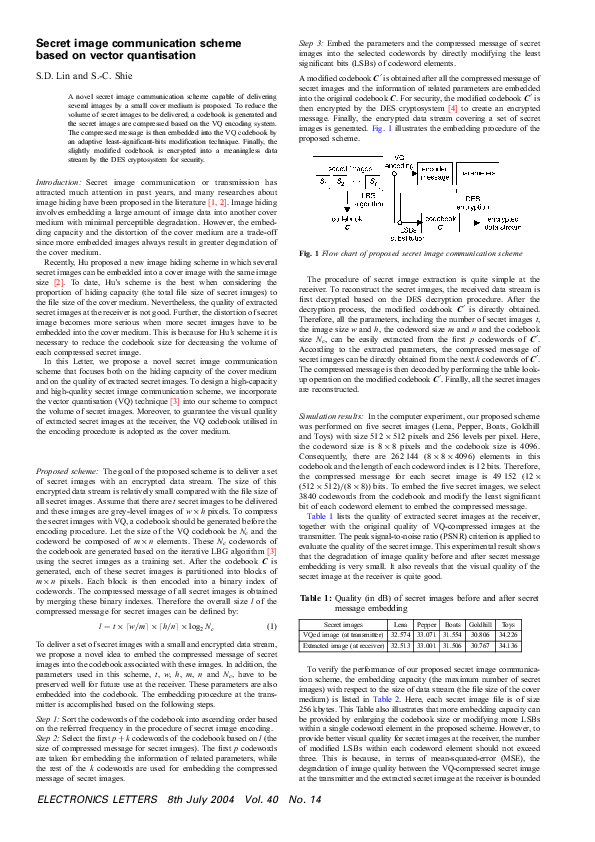 (PDF) Secret image communication scheme based on vector quantisation | Shinfeng Lin - Academia.edu