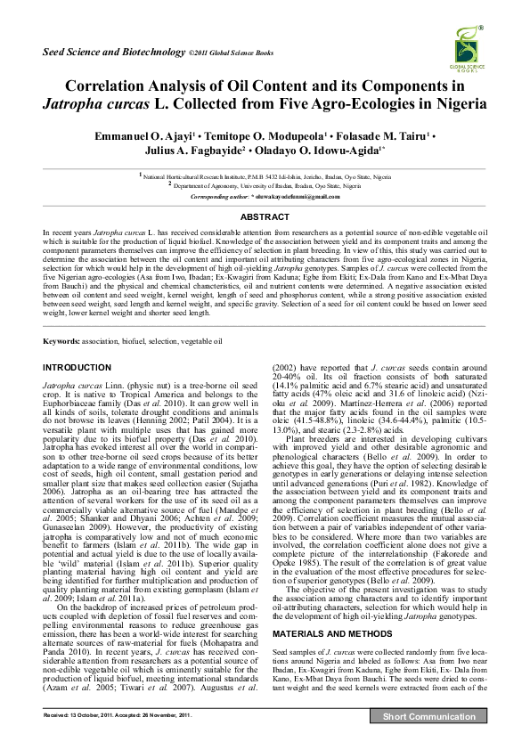 (PDF) Correlation Analysis of Oil Content and its Components in Jatropha curcas L. Collected ...
