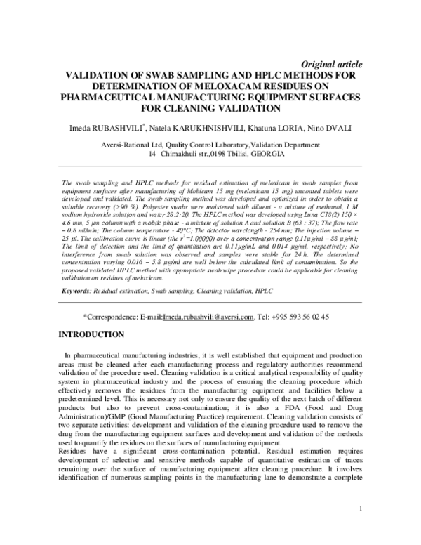 (PDF) Validation of Swab Sampling and HPLC Methods for Determination of ...
