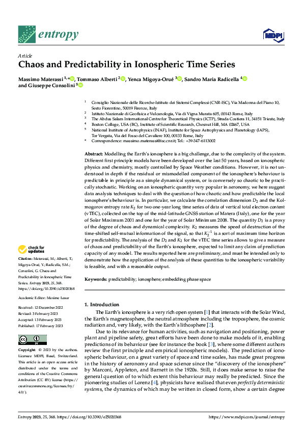 (PDF) Chaos and Predictability in Ionospheric Time Series | Massimo ...