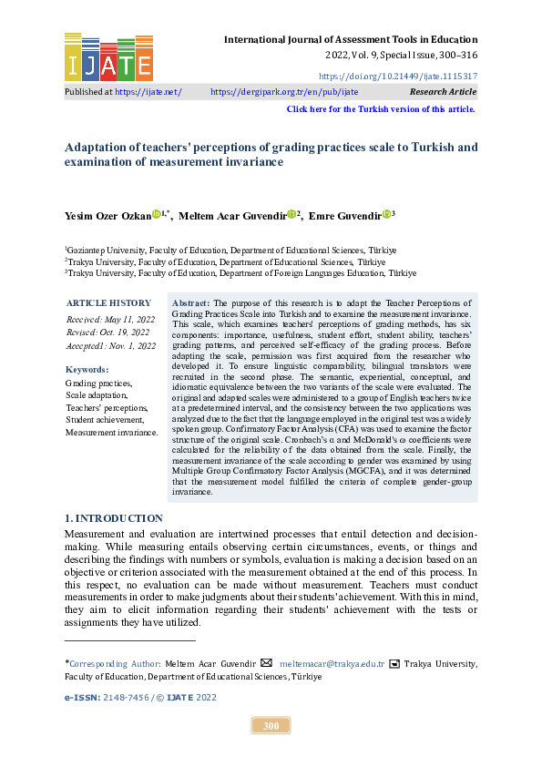 (PDF) Adaptation of Teachers' Perceptions of Grading Practices Scale to ...