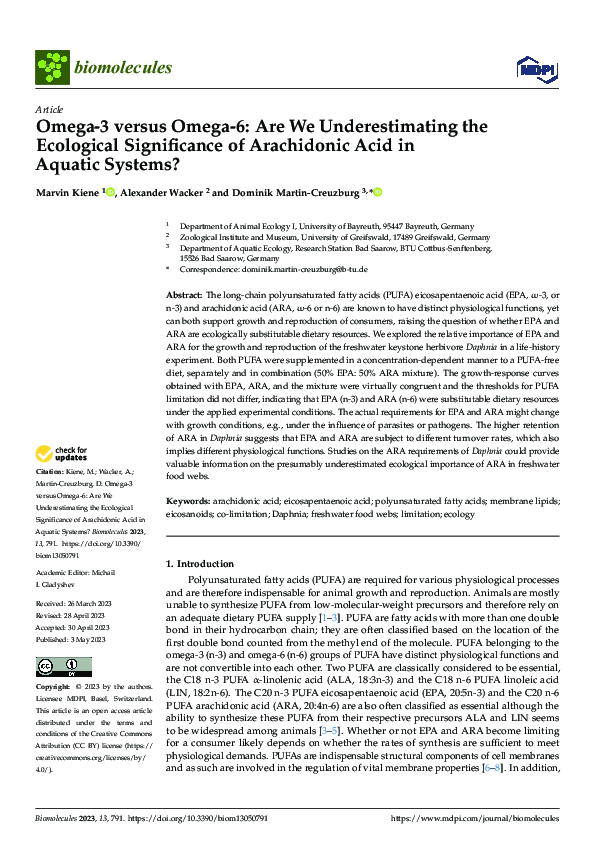 (PDF) Omega-3 versus Omega-6: Are We Underestimating the Ecological Significance of Arachidonic ...