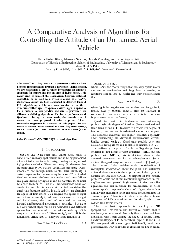 (PDF) A Comparative Analysis of Algorithms for Controlling the Attitude of an Unmanned Aerial ...