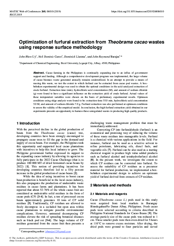 (PDF) Optimization of furfural extraction from Theobrama cacao wastes ...