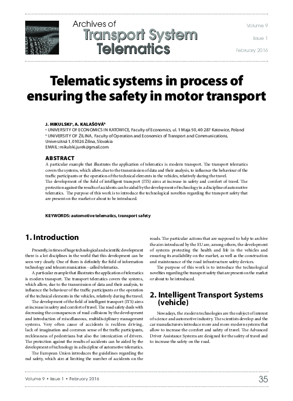 (PDF) Telematic systems in process of ensuring the safety in motor transport