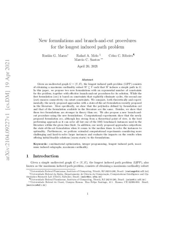 (PDF) New formulations and branch-and-cut procedures for the longest induced path problem