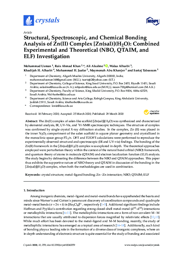 (PDF) Structural, Spectroscopic, and Chemical Bonding Analysis of Zn(II) Complex [Zn(sal)](H2O ...