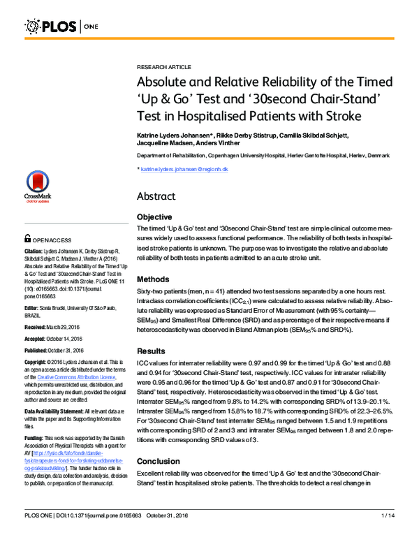 (PDF) Absolute and Relative Reliability of the Timed ‘Up & Go’ Test and ...