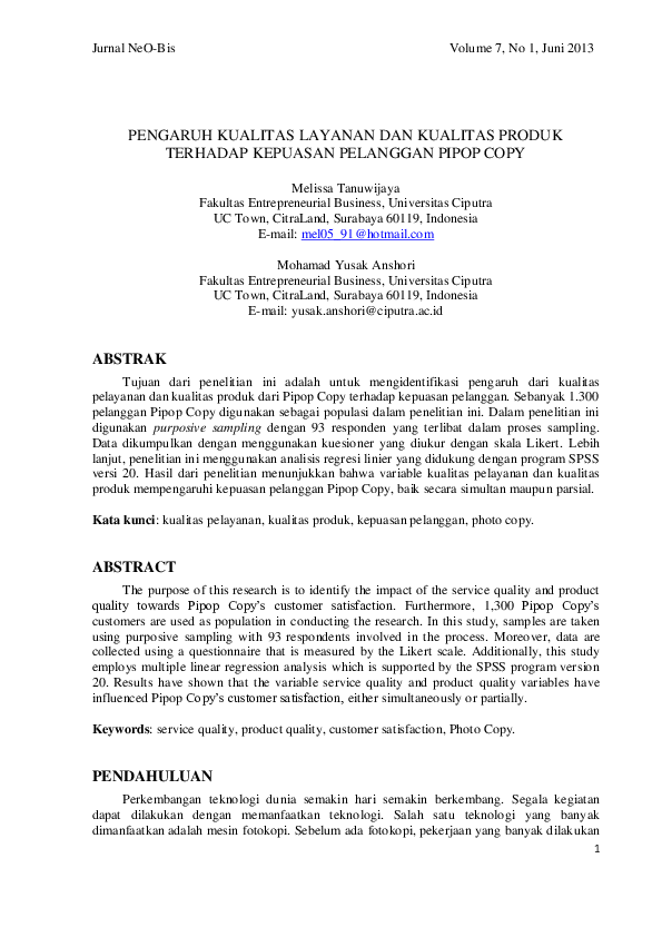 (PDF) Pengaruh Kualitas Layanan Dan Kualitas Produk Terhadap Kepuasan Pelanggan Pipop Copy