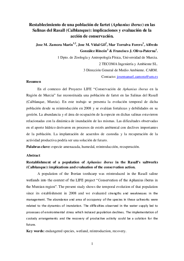 (PDF) Restablecimiento de una población de fartet (Aphanius iberus) en ...