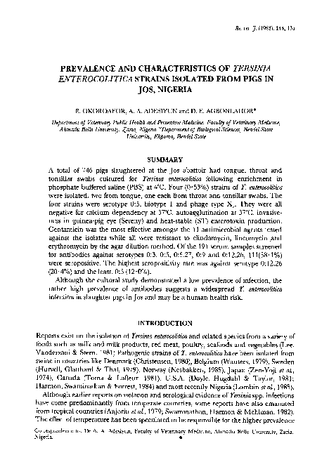 (PDF) PREVALENCE AND CHARACTERISTICS OF YERSINIA ENTEROCOLITICA STRAINS ...