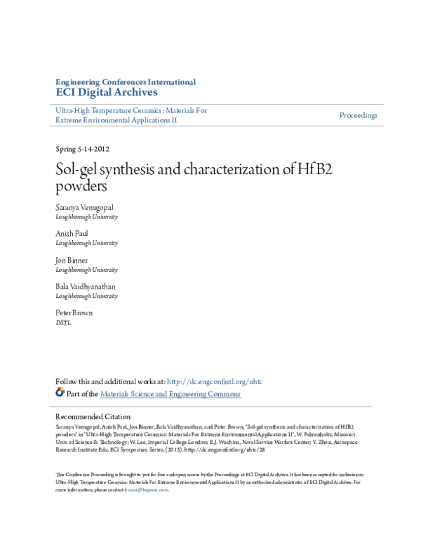 (PDF) Sol-gel synthesis and characterization of HfB2 powders