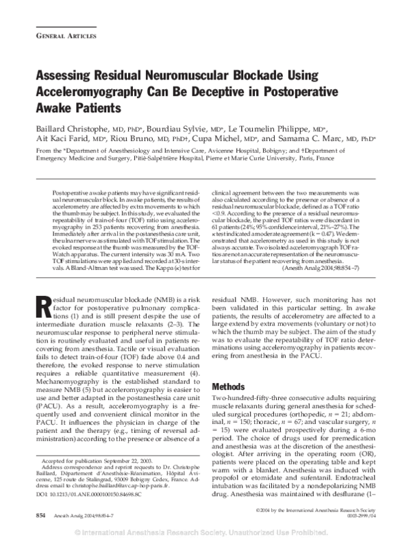 (PDF) Assessing Residual Neuromuscular Blockade Using Acceleromyography ...
