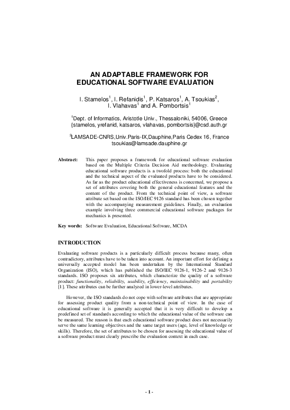 (PDF) An Adaptable Framework for Educational Software Evaluation | I. Vlahavas - Academia.edu