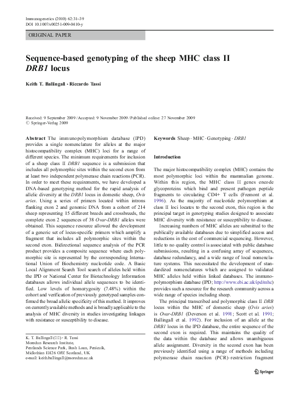 (PDF) Sequence-based genotyping of the sheep MHC class II DRB1 locus
