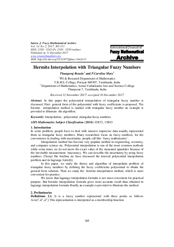 Pdf Hermite Interpolation With Triangular Fuzzy Numbers