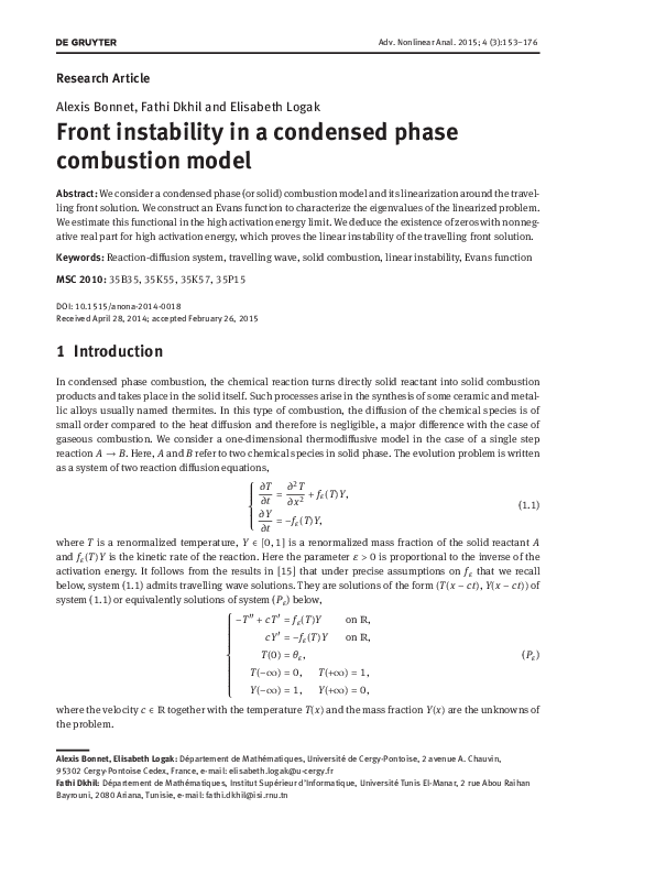 (PDF) Front instability in a condensed phase combustion model