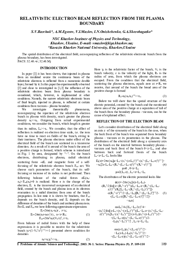 (PDF) Relativistic Electron Beam Reflection from the Plasma Boundary