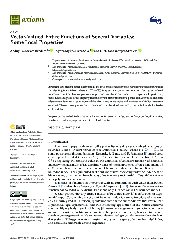 (PDF) Vector-Valued Entire Functions of Several Variables: Some Local Properties