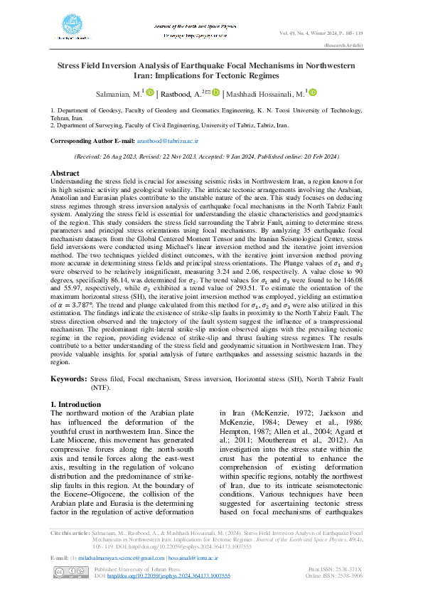 (PDF) Stress Field Inversion Analysis of Earthquake Focal Mechanisms in ...