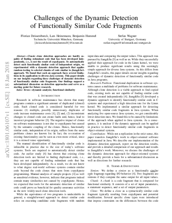 (PDF) Challenges of the dynamic detection of functionally similar code fragments