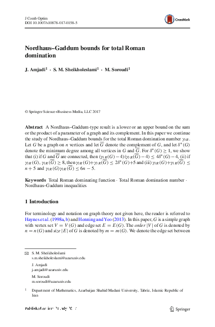 (PDF) Nordhaus–Gaddum bounds for total Roman domination
