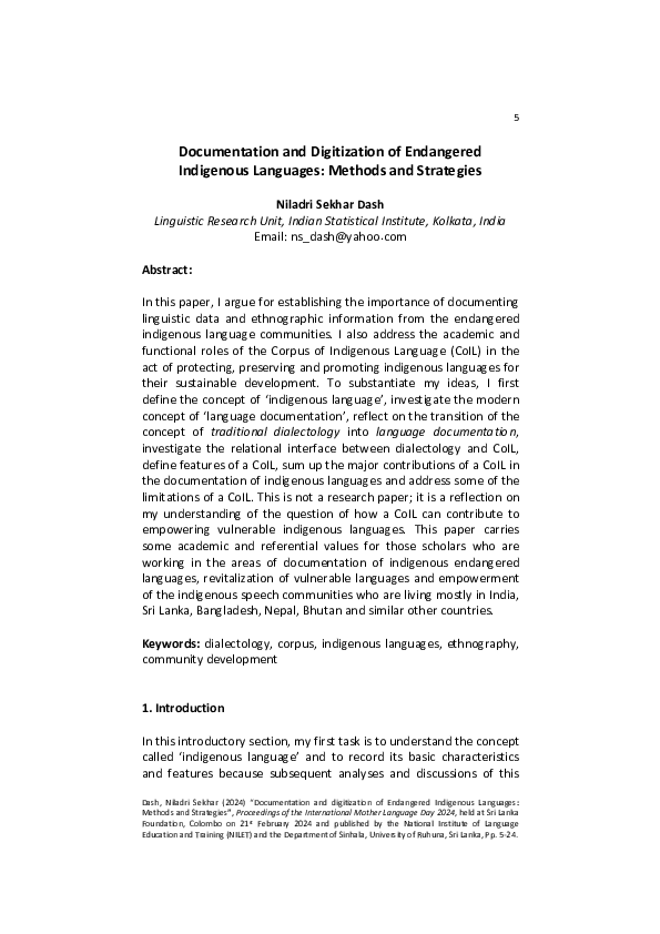 (PDF) Documentation and Digitization of Indigenous Languages