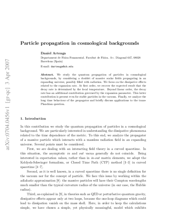 (PDF) Particle Propagation in Cosmological Backgrounds