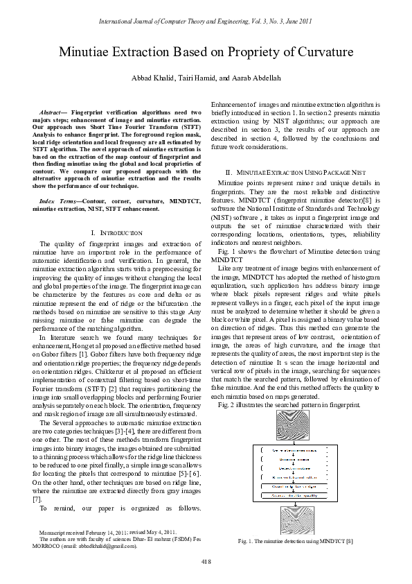 (PDF) Minutiae Extraction Based on Propriety of Curvature | Khalid ...