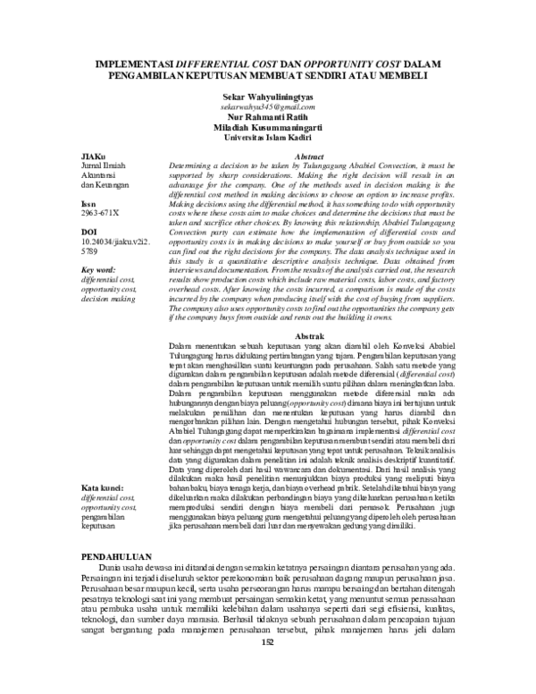 (PDF) Implementasi Differential Cost Dan Opportunity Cost Dalam Pengambilan Keputusan Membuat ...