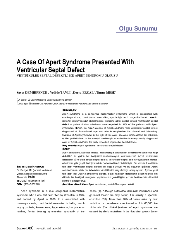 (PDF) A Case Of Apert Syndrome Presented With Ventricular Septal Defect