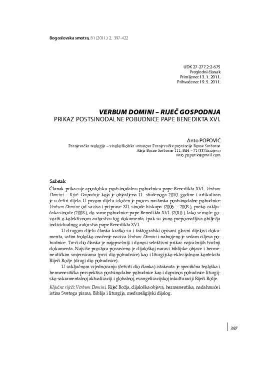 (PDF) Verbum Domini - The Word of the Lord. A Review of the Post ...