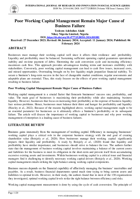 (PDF) Poor Working Capital Management Remain Major Cause of Business ...