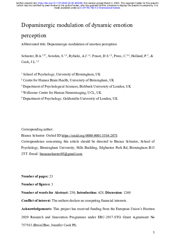(PDF) Dopaminergic modulation of dynamic emotion perception