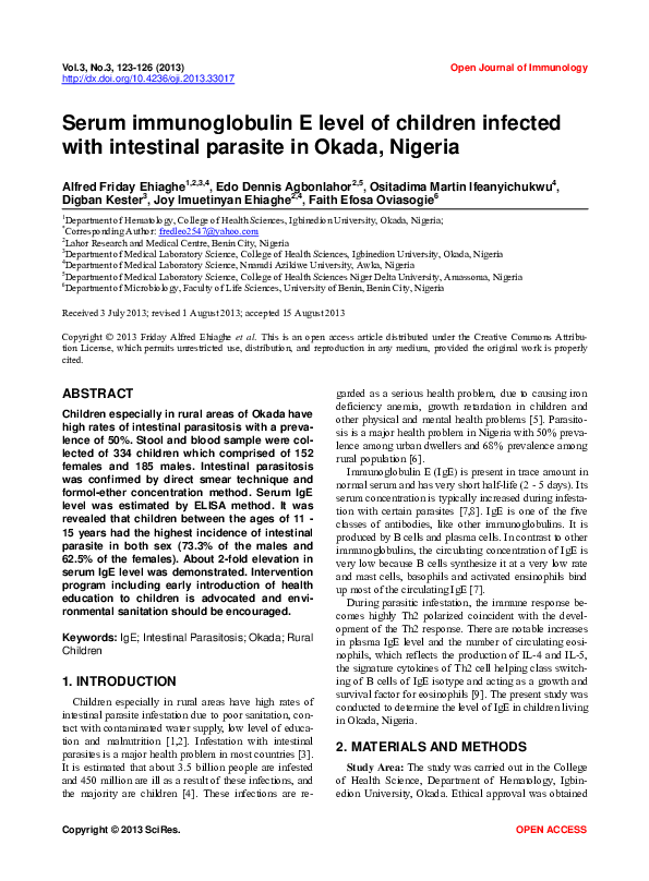 (PDF) Serum immunoglobulin E level of children infected with intestinal ...