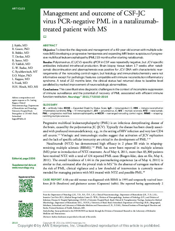 (PDF) Management and outcome of CSF-JC virus PCR-negative PML in a ...