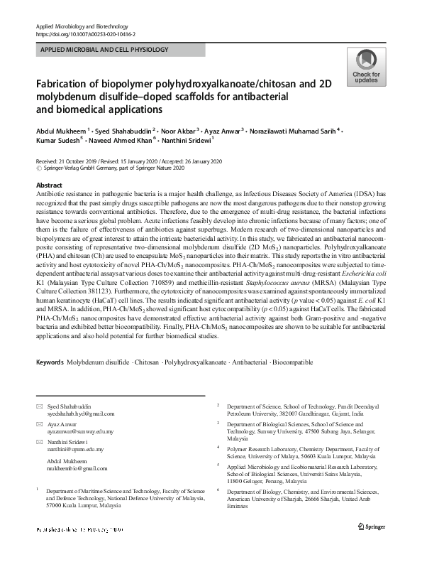 (PDF) Fabrication of biopolymer polyhydroxyalkanoate/chitosan and 2D molybdenum disulfide–doped ...