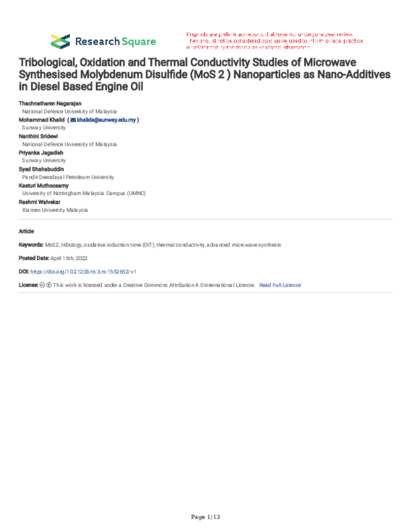 Tribological, Oxidation and Thermal Conductivity Studies of Microwave ...