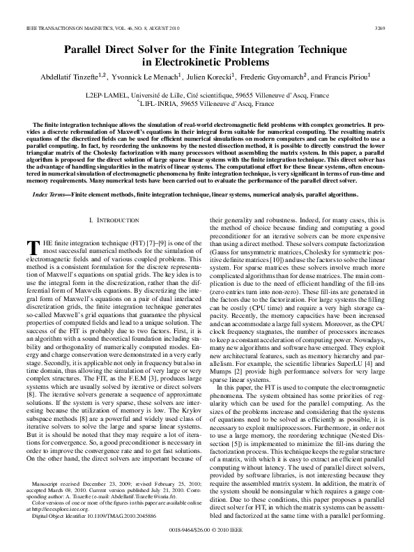 Pdf Parallel Direct Solver For The Finite Integration Technique In