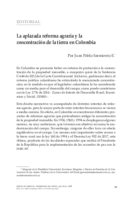 (PDF) La aplazada reforma agraria y la concentración de la tierra en ...