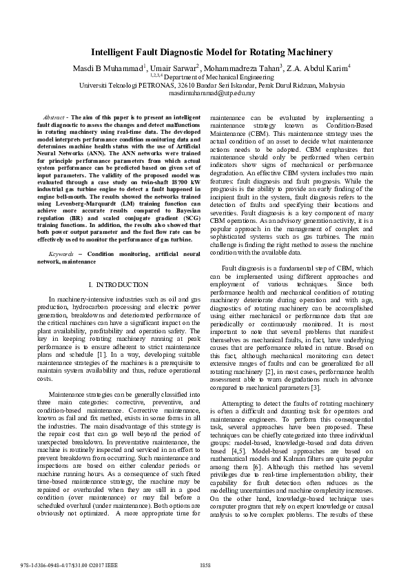 (PDF) Intelligent fault diagnostic model for rotating machinery