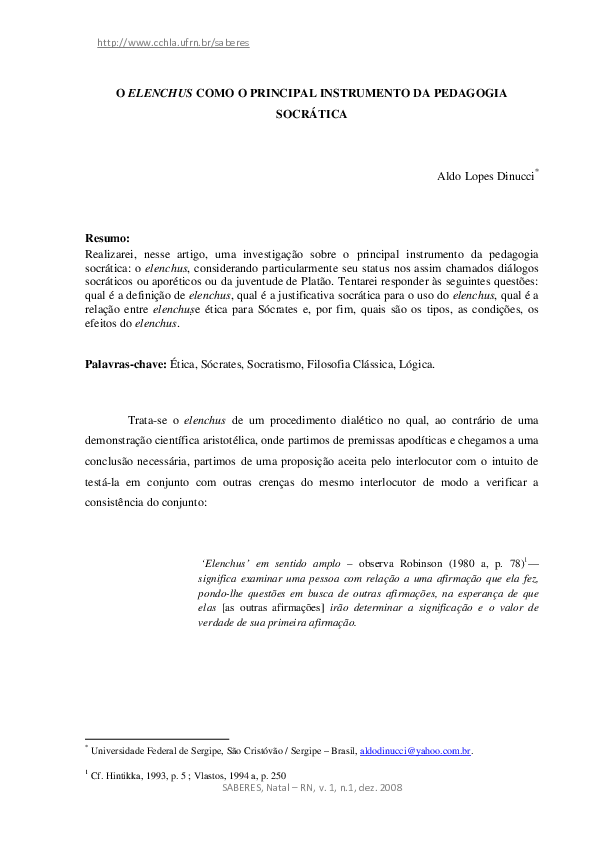 (PDF) O Elenchus Como O Principal Instrumento Da Pedagogia Socrática
