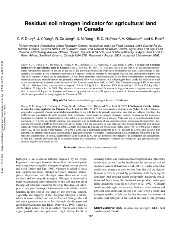 (PDF) Residual soil nitrogen indicator for agricultural land in Canada