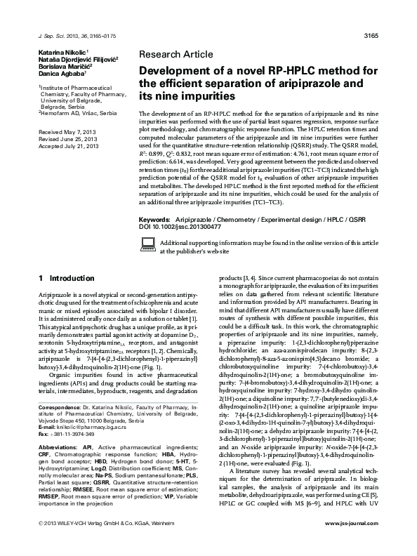 Pdf Development Of A Novel Rp Hplc Method For The Efficient Separation Of Aripiprazole And Its