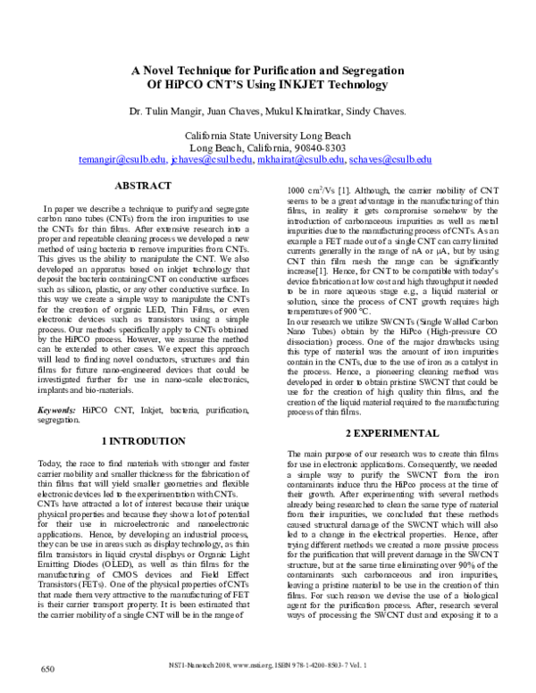 (PDF) Bacterial Purification of CNTs for Thin Films