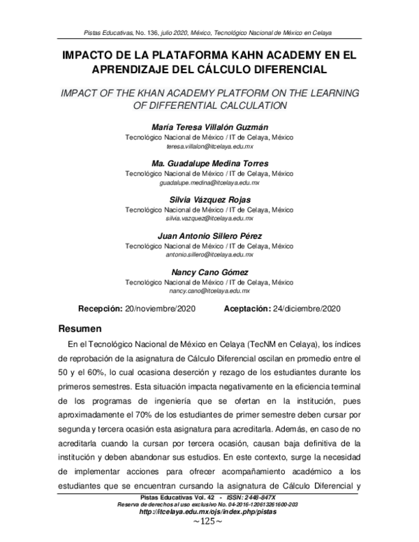 (PDF) Impacto De La Plataforma Kahn Academy en El Aprendizaje Del Cálculo Diferencial (Impact of ...