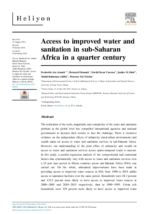 (PDF) Access to improved water and sanitation in sub-Saharan Africa in ...